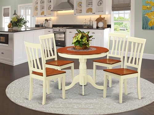 East West Furniture DLAN5-BMK-W 5 Piece Kitchen Table & Chairs Set Includes a Round Dining Room Table with Dropleaf and 4 Solid Wood Seat Chairs, 42x42 Inch, Buttermilk & Cherry