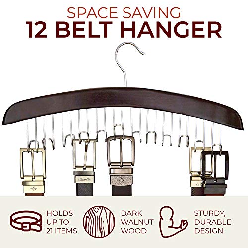 Richards Homewares Belt Hanger Rack for Closet Organization and Storage Display Holder with 12 Hooks, Wood and Chrome Accents, Dark Walnut, 75532