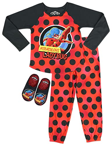 Miraculous Ladybug Girls' Pajama Set 2-Piece Jersey PJs with Cozeez Slippers, Red, Girls' Size 6/6X