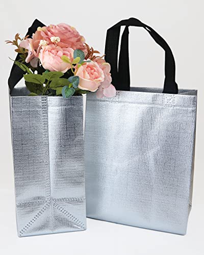 HUANN 6 Pcs Silver Gift Bags Medium Size Shine Reusable Gift Bags with Handles Metallic Glossy Non Woven Gift Bags for Wedding Christmas Party Birthday 8 x 5 x 10 Inch