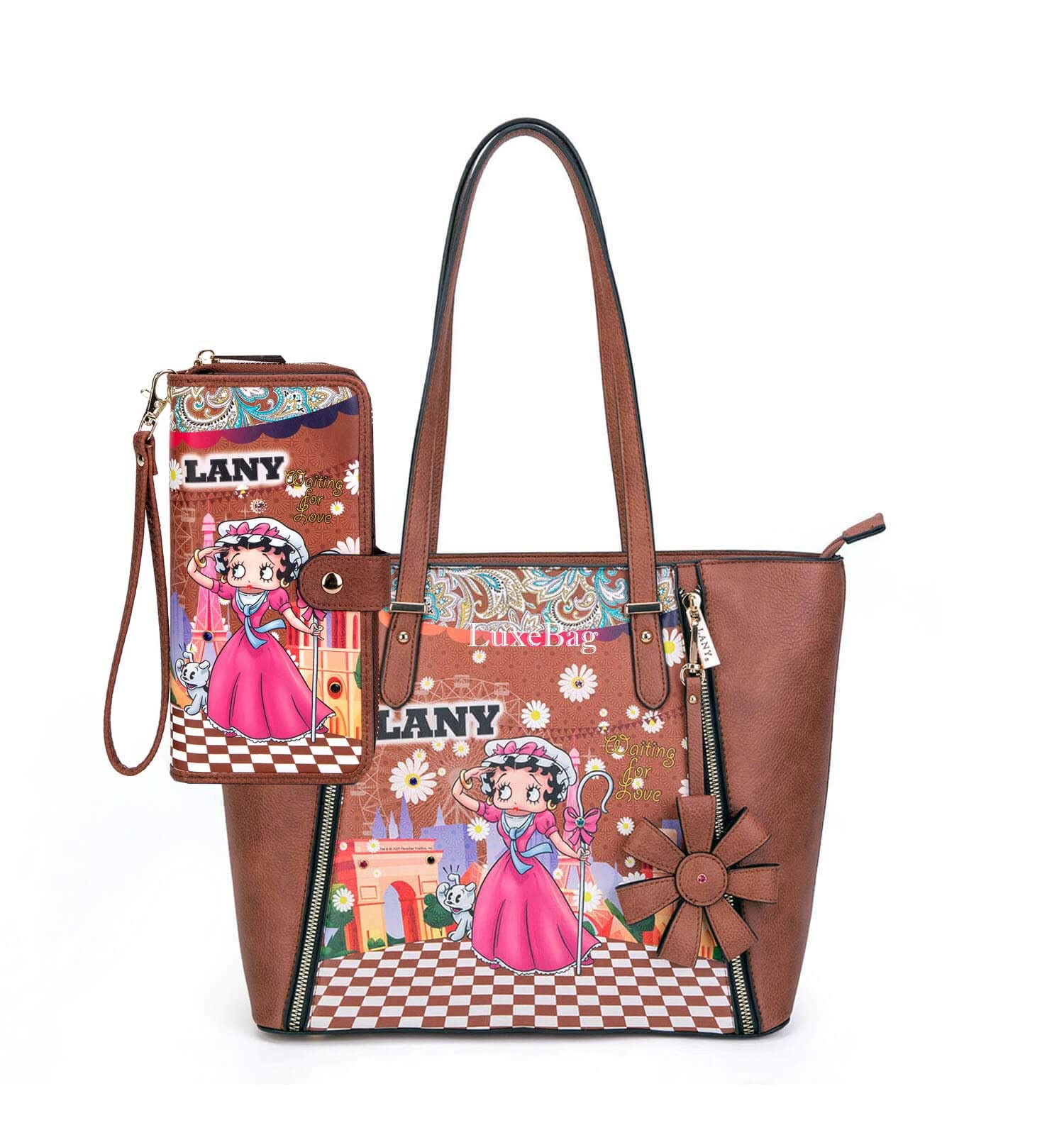 Betty Boop "Paris" Vegan PU Tote Bag and Wallet Set (Brown: Cowhide)
