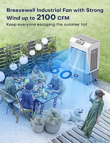 Evaporative Air Cooler, Breezewell 2100 CFM Outdoor Air Conditioner, 8 Gallon Windowless Air Conditioner for Room w/ 3 Speed, 4 Ice Pack, 4 Scroll Casters, Swamp Cooler for Outdoor Indoor Use