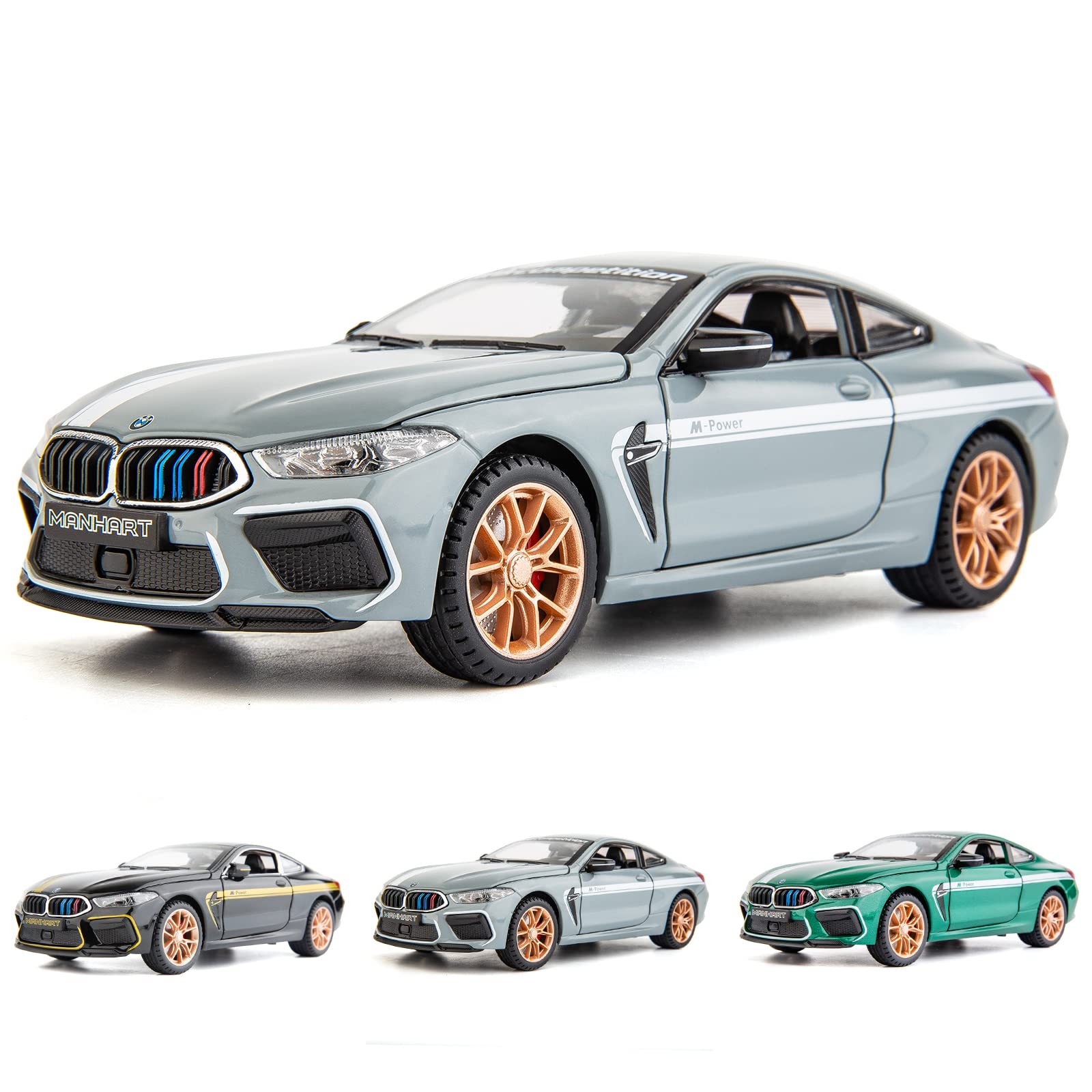 BDTCTK Compatible for 1:24 M8 Model Car, Zinc Alloy Pull Back Toy Car with Sound and Light for Kids Boy Girl Gray
