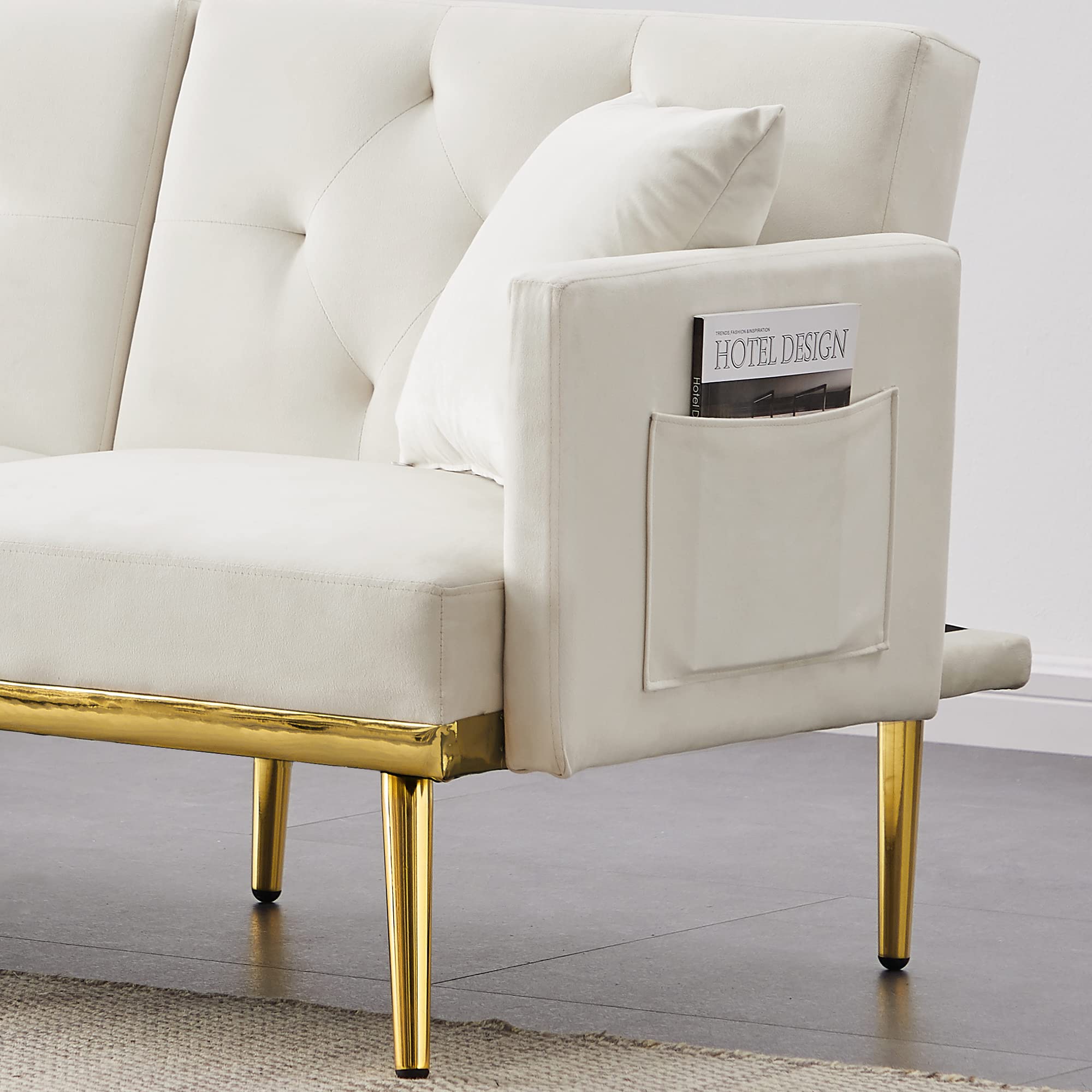 SEVENWOOD Velvet Convertible Loveseat Sleeper Sofa Bed for Small Spaces, Small Sofa Bed Couch with 3 Adjustable Backrest and 6 Gold Metal Legs for Living Room. (Off-White)