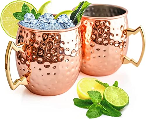 Moscow Mule Mugs | Large Size 19 ounces | Set of 2 Hammered Cups | Stainless Steel Lining | Pure Copper Plating | Gold Brass Handles | Christmas Gift Set