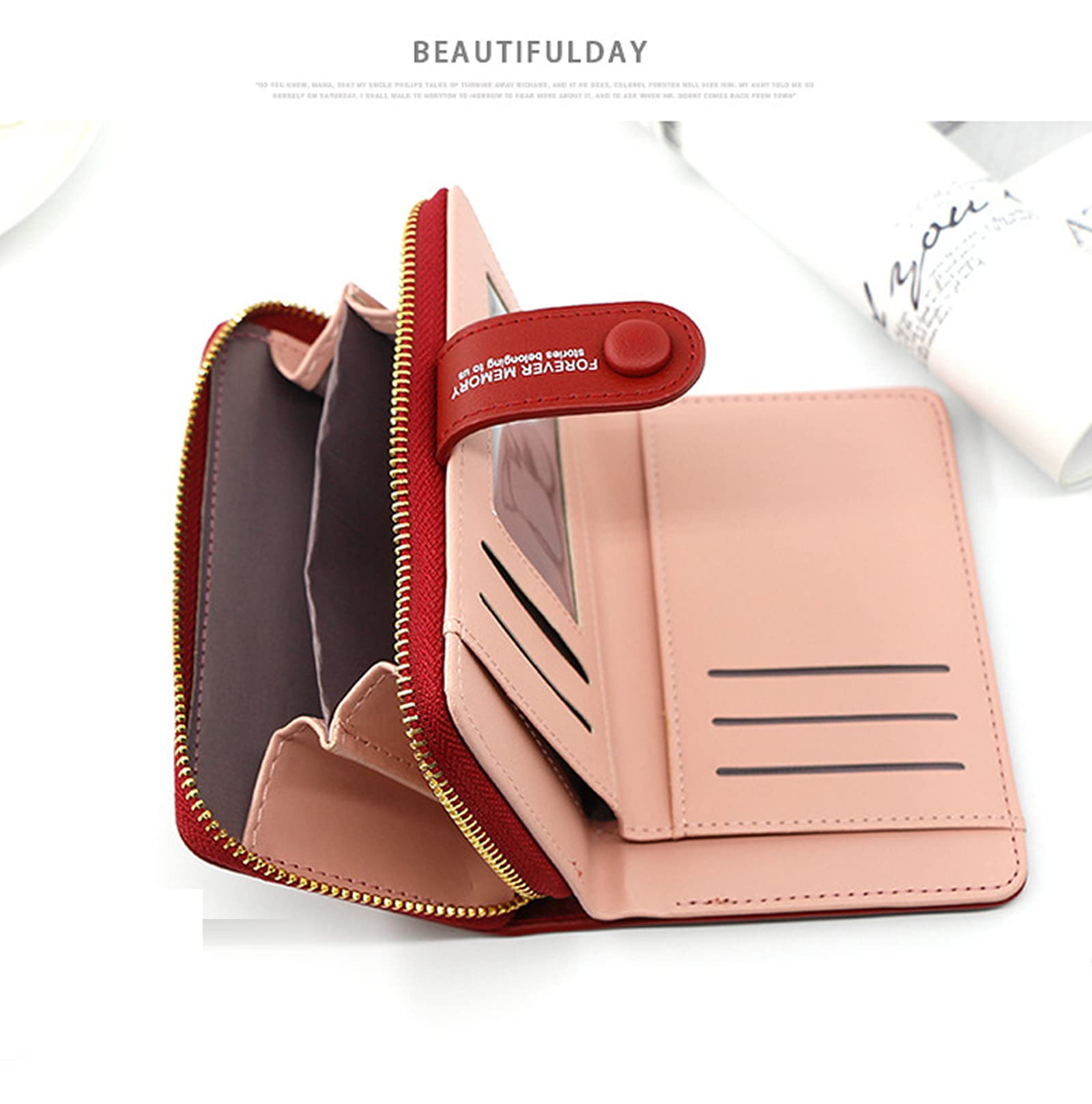Card Wallets for Women with Zipper Pocket Leather Slim Small Wallet Rfid Blocking Bifold 5 Credit Coin Pocket Purse Medium Long (Red)