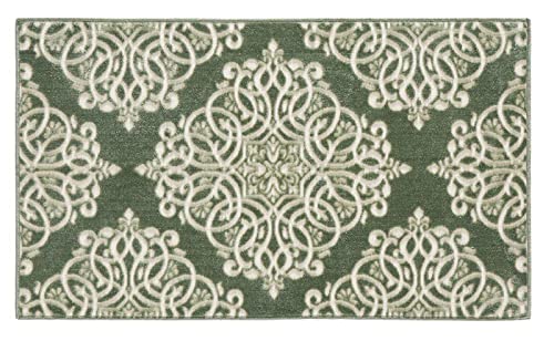 Dream Home | Medallion Collection | Green Damask Polyester Scatter Rug, 20" x 34"