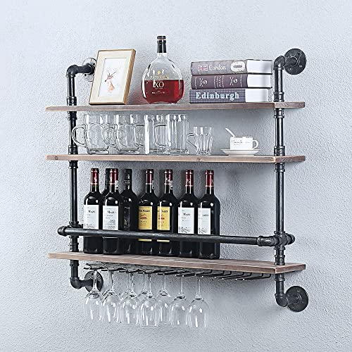 Industrial Pipe Shelf Wine Rack Wall Mounted with 9 Stem Glass Holder,3-Tiers Rustic Floating Bar Shelves Wine Shelf,36in Real Wood Shelves Wall Shelf Unit,Steam Punk Pipe Shelving Wine Glass Rack
