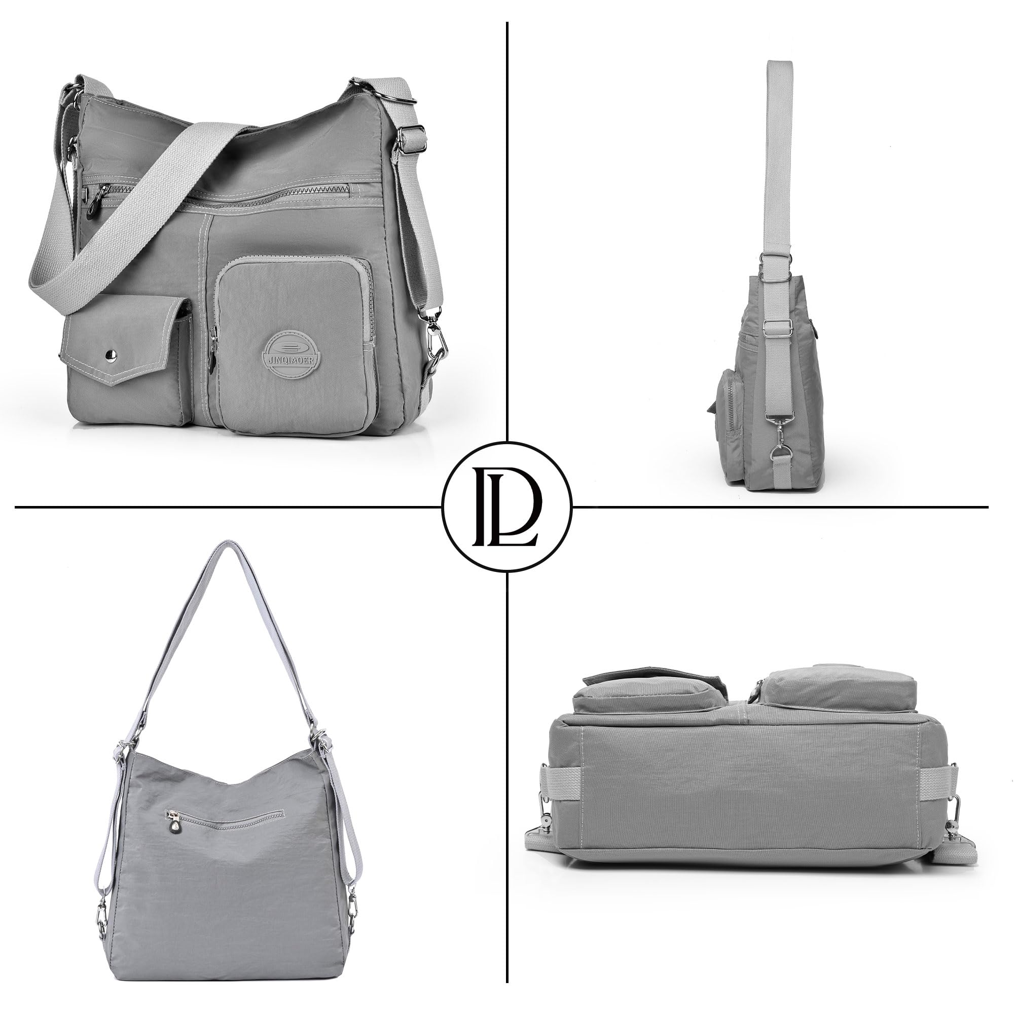 Multipurpose Hobo Purse for Women with Antitheft RFID, Waterproof Nylon Crossbody Bag Shoulder Handbag, Convertible Backpack (Grey)