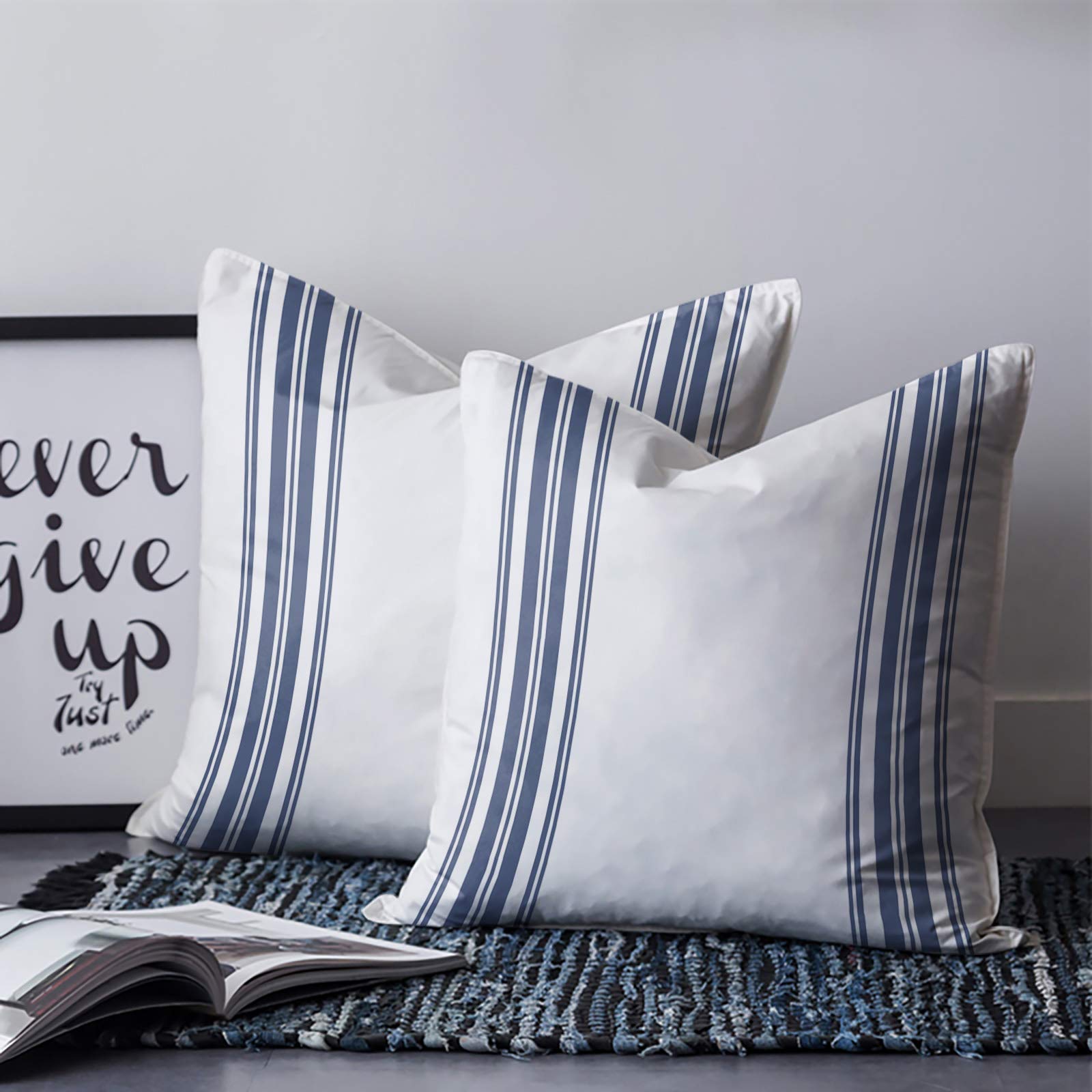 Roses Garden Decorative Throw Pillow Cover Blue and White Stripe Pillow Case Square Cushion Cover Super Soft Brushed Fabric Pillowcase for Home Couch Sofa Bed, 16" x 16"