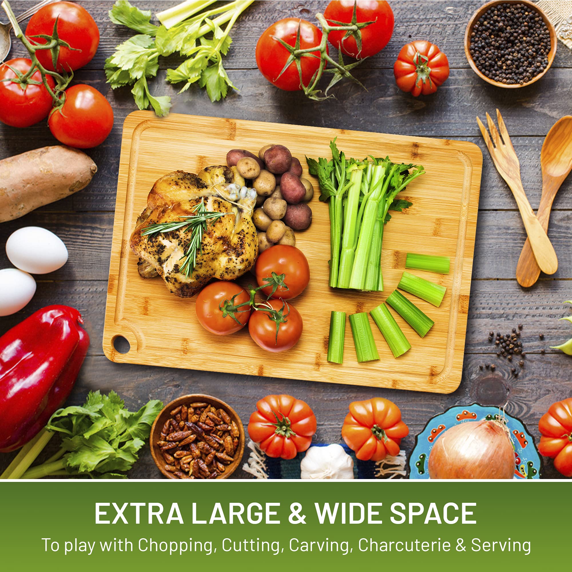 Bamboo Cutting Board (Extra Large) - Organic Wooden Cutting Boards for Kitchen, Vegetable & Meat Cutting Board - Cutting Board with Juice Groove, Handles & Hanging Hole