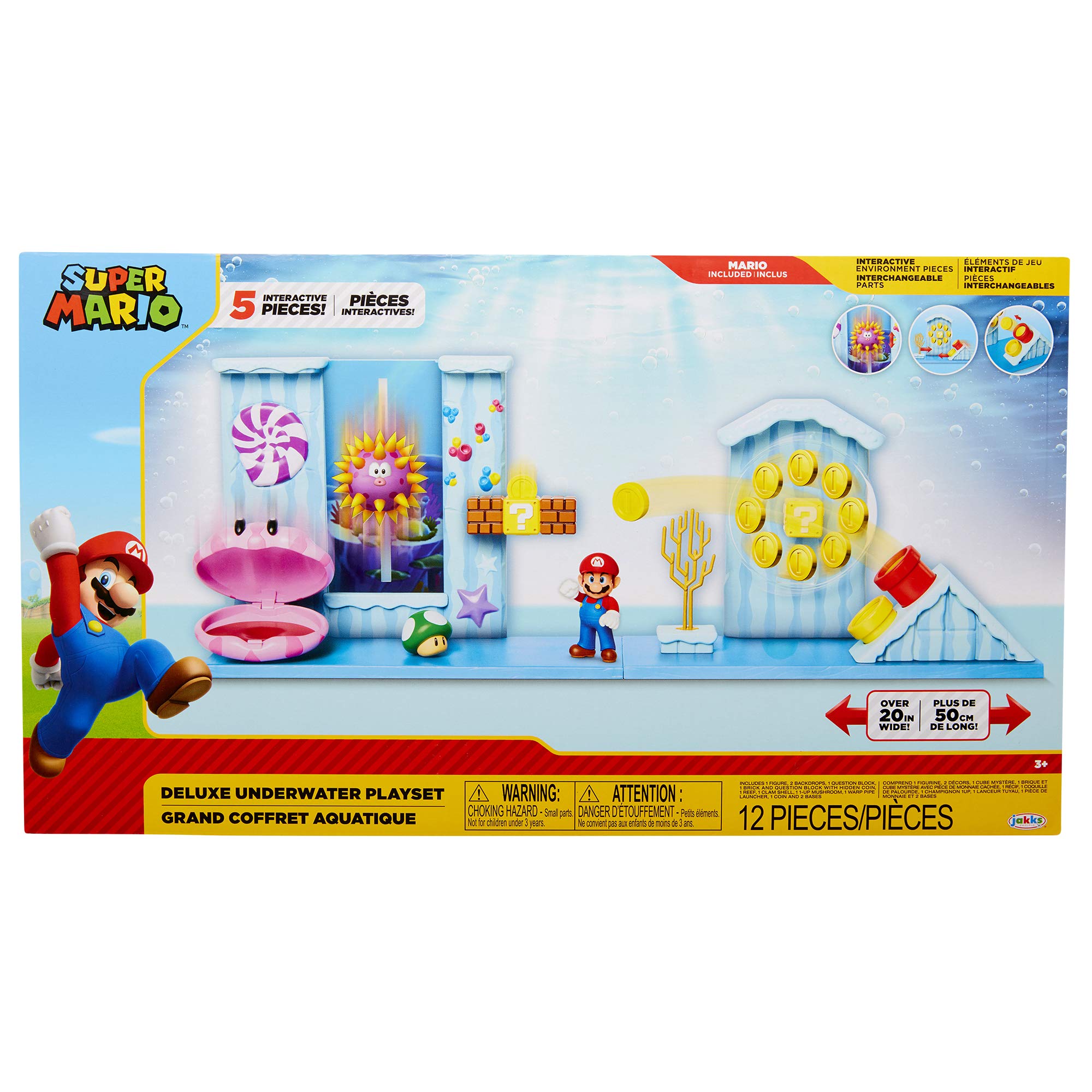 Nintendo Super Mario Deluxe Underwater Playset with 5 Interactive Environmentpiece β Includes 2.5β Mario Figure, 1-Up Mushroom Accessory & Warp Pipe Coin Launcher