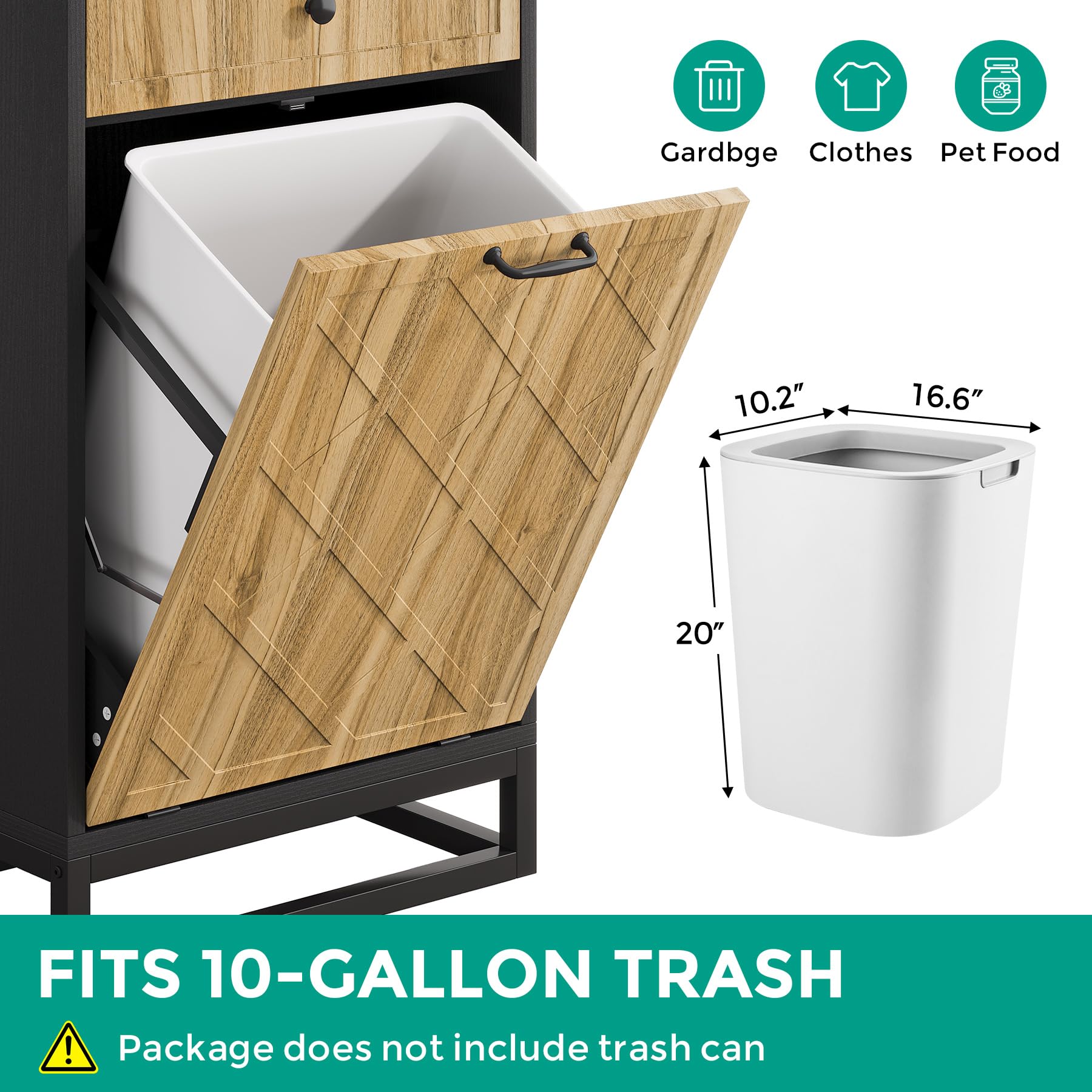 Condemo Tilt Out Trash Can Cabinet, 10 Gallon Trash Bin Cabinet with Drawer, Modern Recycling Storage Cabinet for Kitchen, Dining Room, Laundry, Brown and Black (No Trash Can)