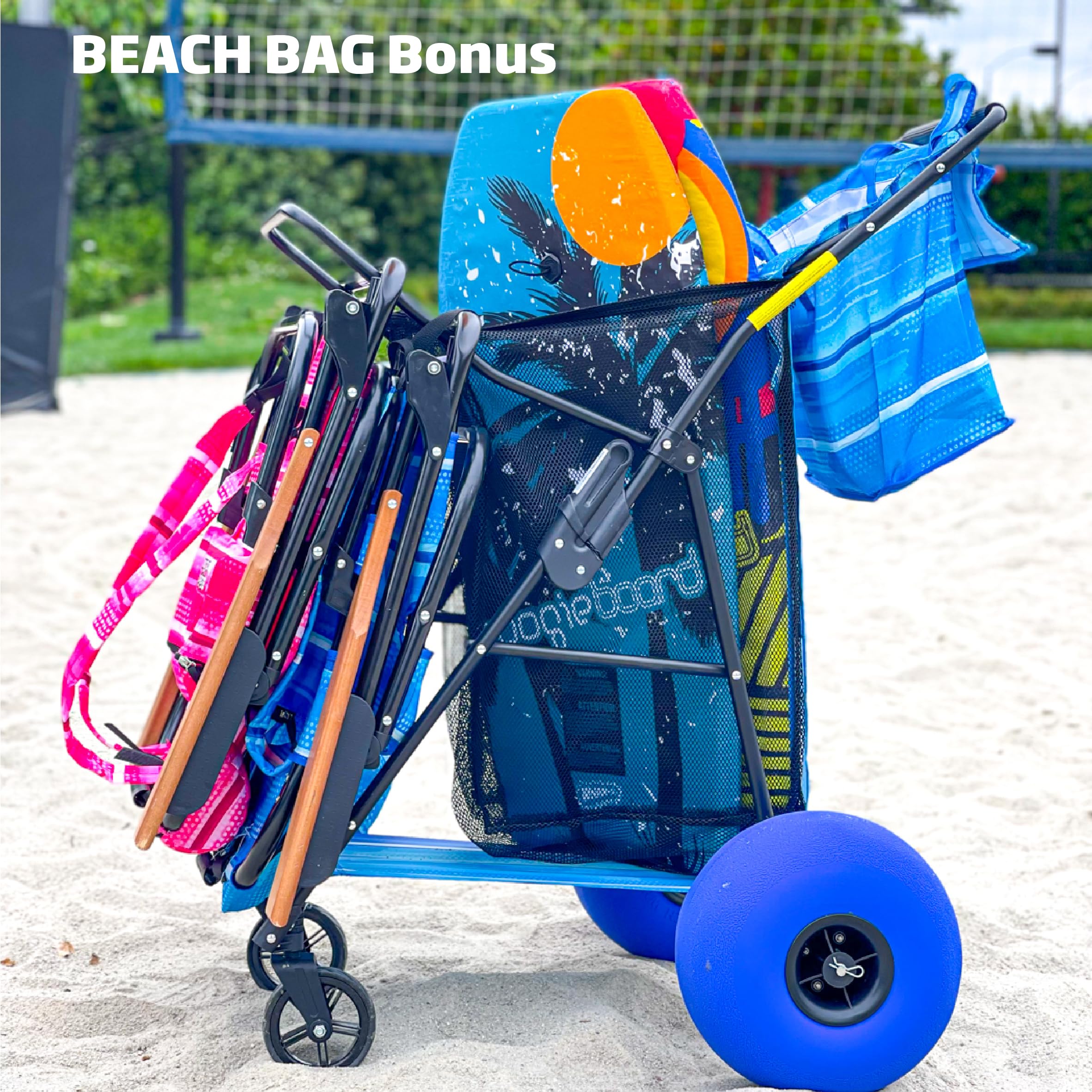 Beach Cart Balloon Wheel Deluxe Heavy Duty Folding Ocean Utility 13β x 7β Sand Wheels Holds 4 Folding Chairs Umbrella Holder Removable Beach Bag Blue Striped Pattern