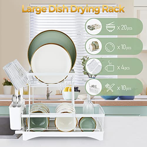Dish Drying Rack for Kitchen Counter, 2-Tier Dish Racks with Drainboard, Large Capacity Dish Drainer Organizer Shelf with Utensil Holder, Wine Glass Holder(White)
