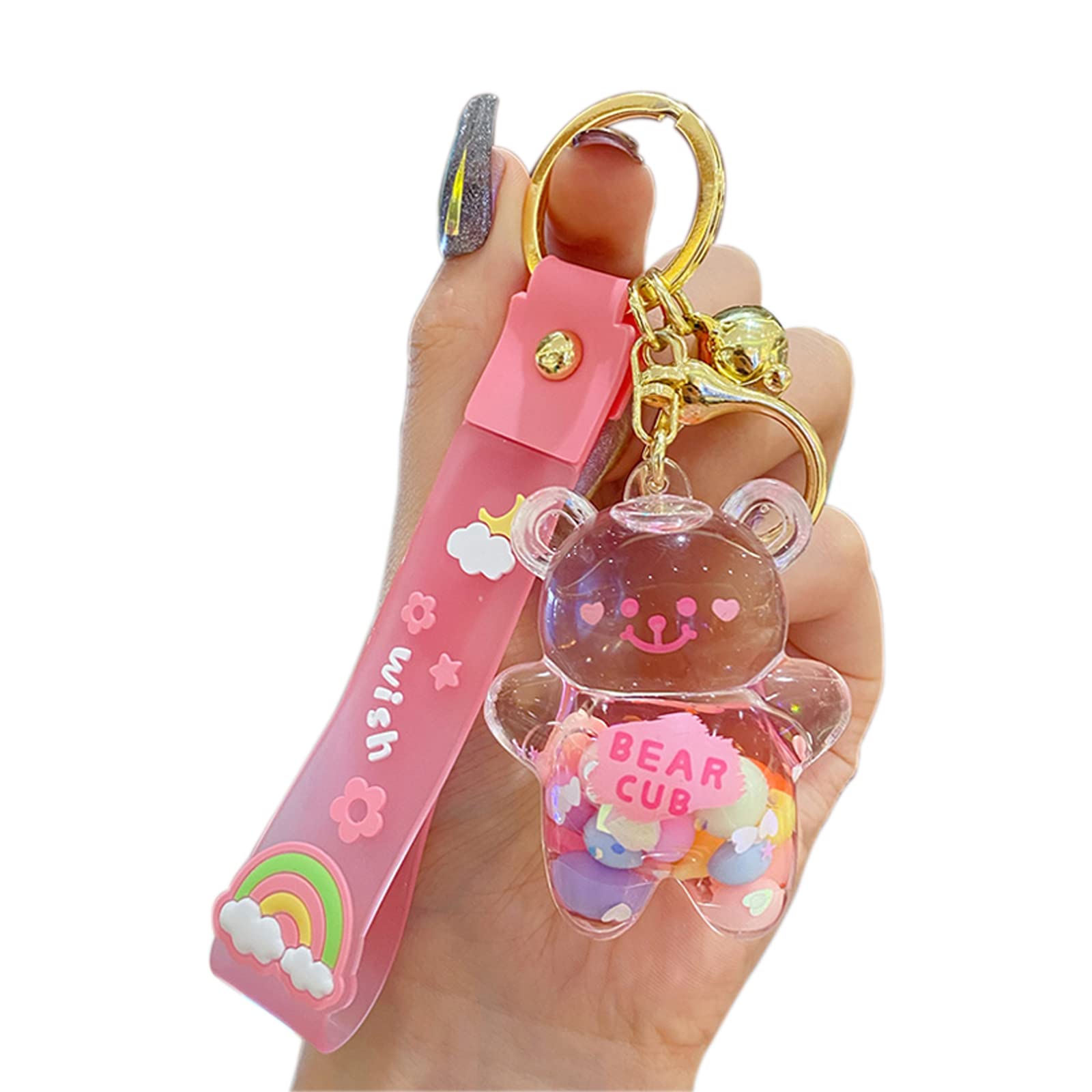 BEXOA Cute Keychain Kawaii Creative Little Bear Liquid Floating Lucky Bottle Keychain Backpack Charm Wristlet Bracelet Car Key Ring for Girl Women