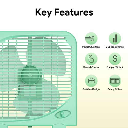 shinic Box Fan 10 Inch, 2 Speeds, Table Fan with Strong Airflow, Energy Efficient Small Window Fan, Air Circulation Portable Kitchen Exhaust Fan for Bedroom Bathroom, and Tabletop, green