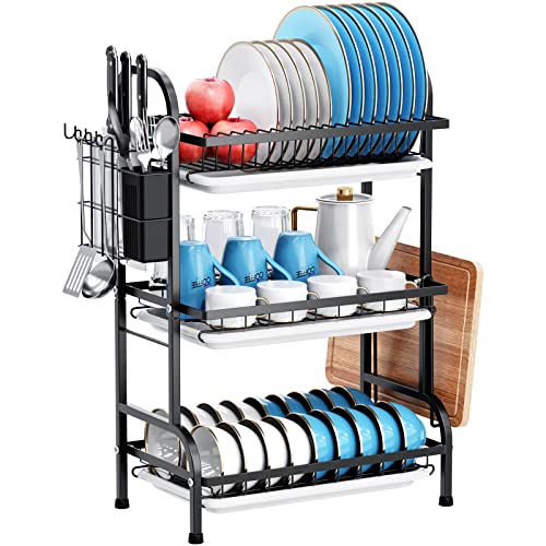 DUANFEE Dish Drying Rack for Kitchen Counter, 3 Tier Dish Rack with Drainboard, Large Dishes Racks Rustproof Dish Dryer Rack, Black