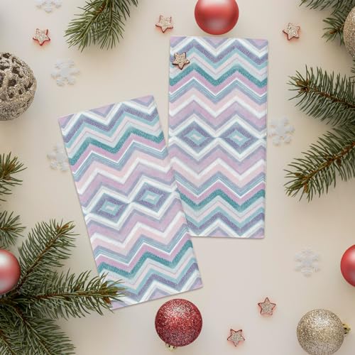 Beisseid Kitchen Dish Towels Pink Chevron Dish Cloth Fingertip Hand Towels Geometric Design Stripe Super Absorbent Soft Cotton Tea Towel 2 PCS