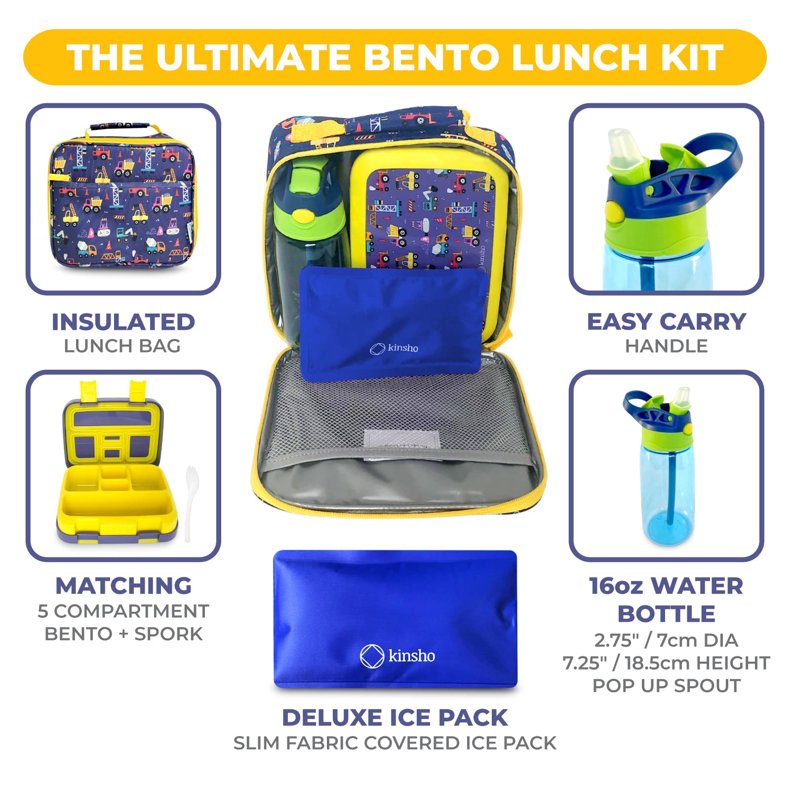 Bundle of Bento Box, Insulated Lunch Bag, Ice Pack & Water Botle Set for Kids - 5 Leakproof Compartments (Blue Yellow Truck) + Toddler Backpack for Boys, Cute 13β (Blue Yellow Trucks)
