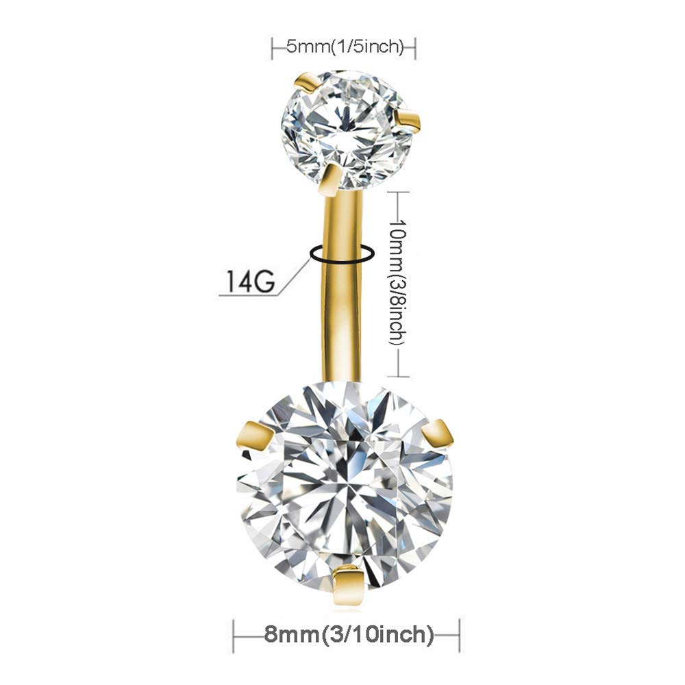 Belly Button Rings Round Cubic Zirconia Navel Barbell Stud Body Piercing (Gold)