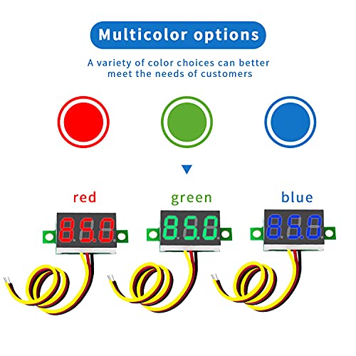 DaFuRui dc Voltage Display,6pcs Mini Digital Voltmeter 0.36 Inch Three-Wire DC 0-100V Voltage Tester Reverse Polarity Protection and Accurate Pressure Measurement(Red/Green/Blue)