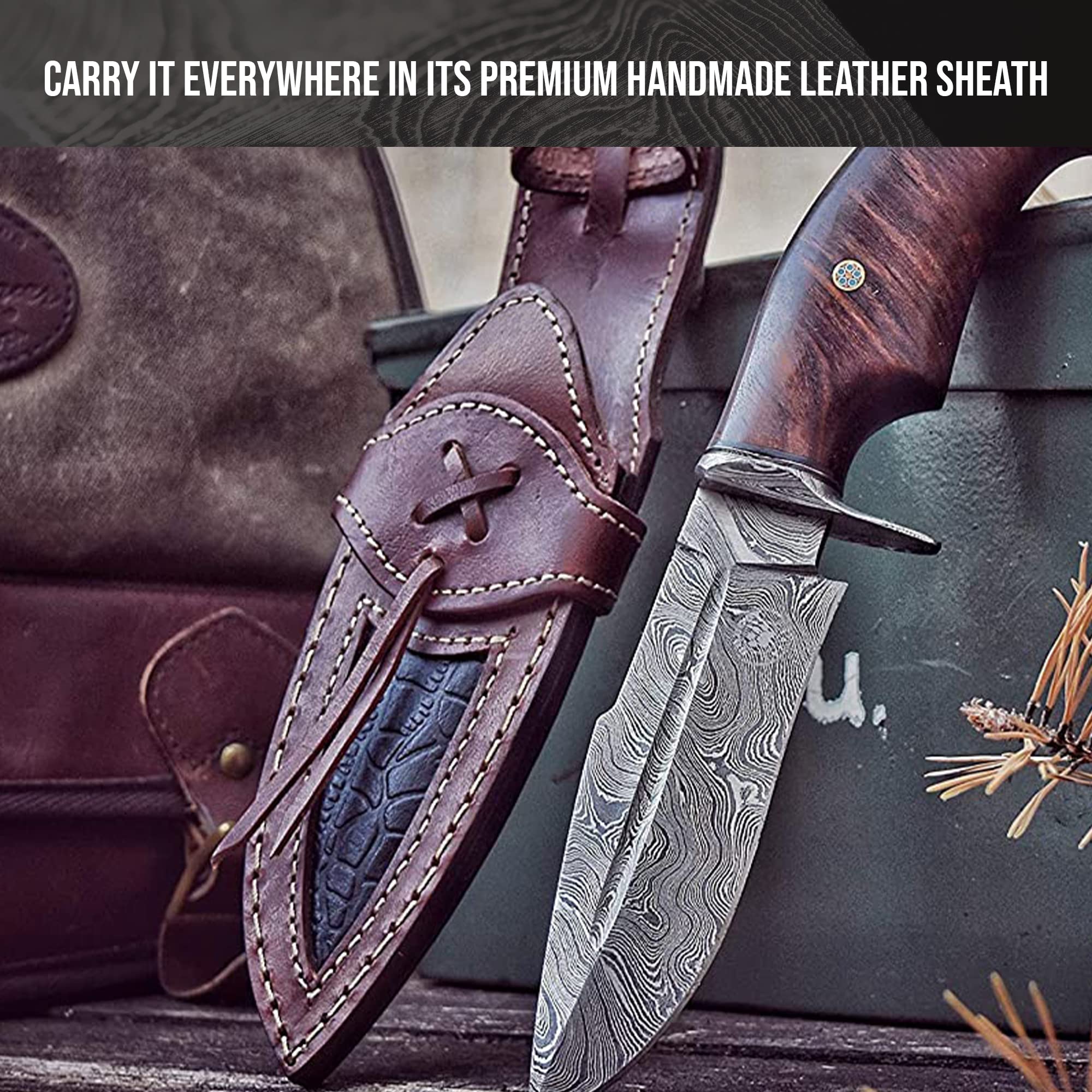 BIGCAT ROAR Handmade Damascus Hunting Knife - Bushcraft Fixed Blade Hunting Knife with Sheath and Walnut Wood Handle - 10″ EDC Skinning Knife - Beast Hunter