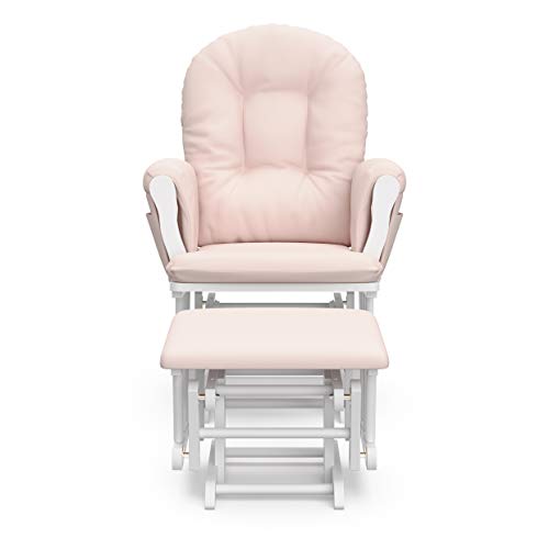 Storkcraft Premium Hoop Glider and Ottoman (White Base, Pink Cushion) – Padded Cushions with Storage Pocket, Smooth Rocking Motion, Easy to Assemble, Solid Hardwood Base
