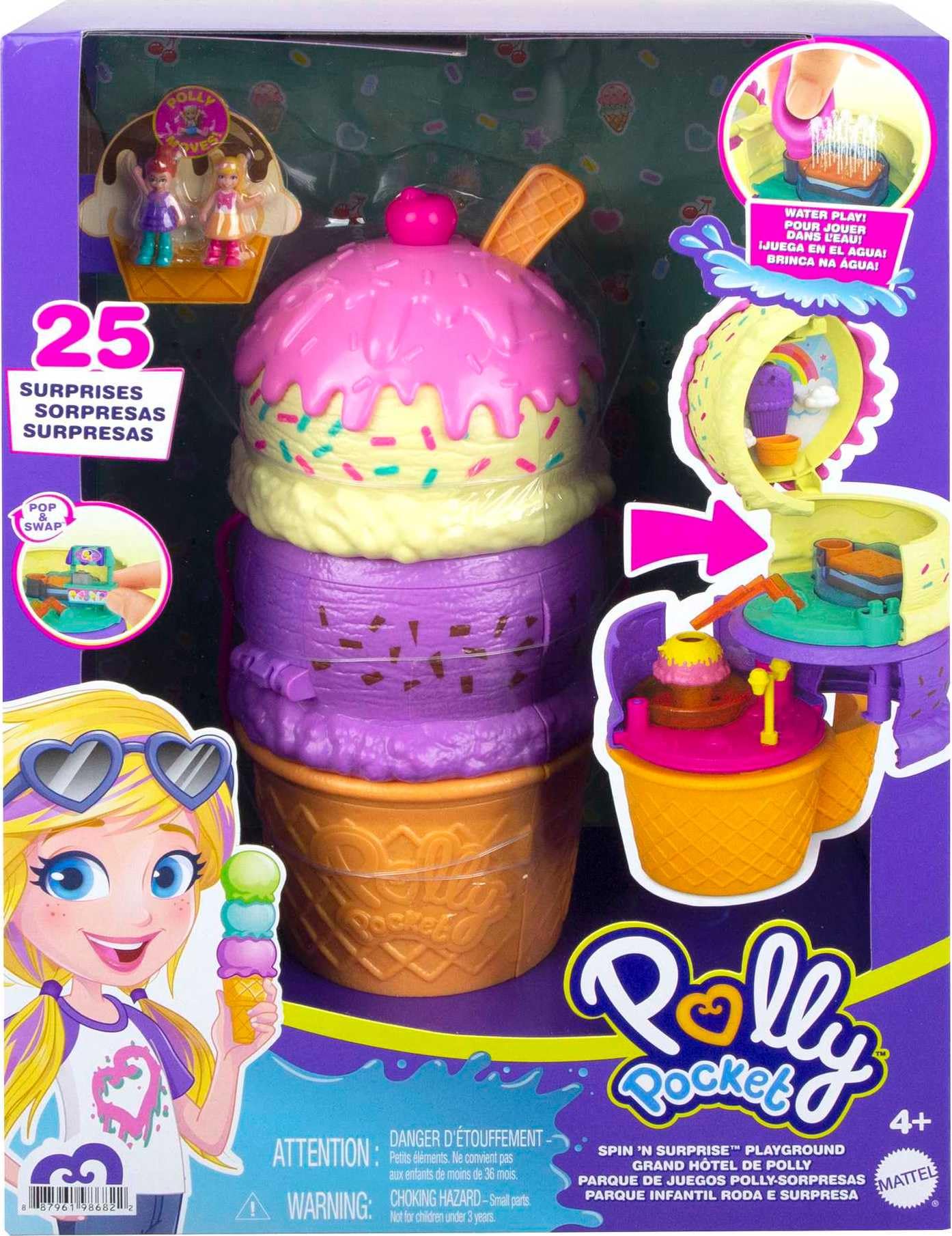 Polly Pocket 2-in-1 Travel Toy Playset, Spin 'N Surprise Ice Cream Cone with Micro Polly & Lila Dolls & 25 Accessories