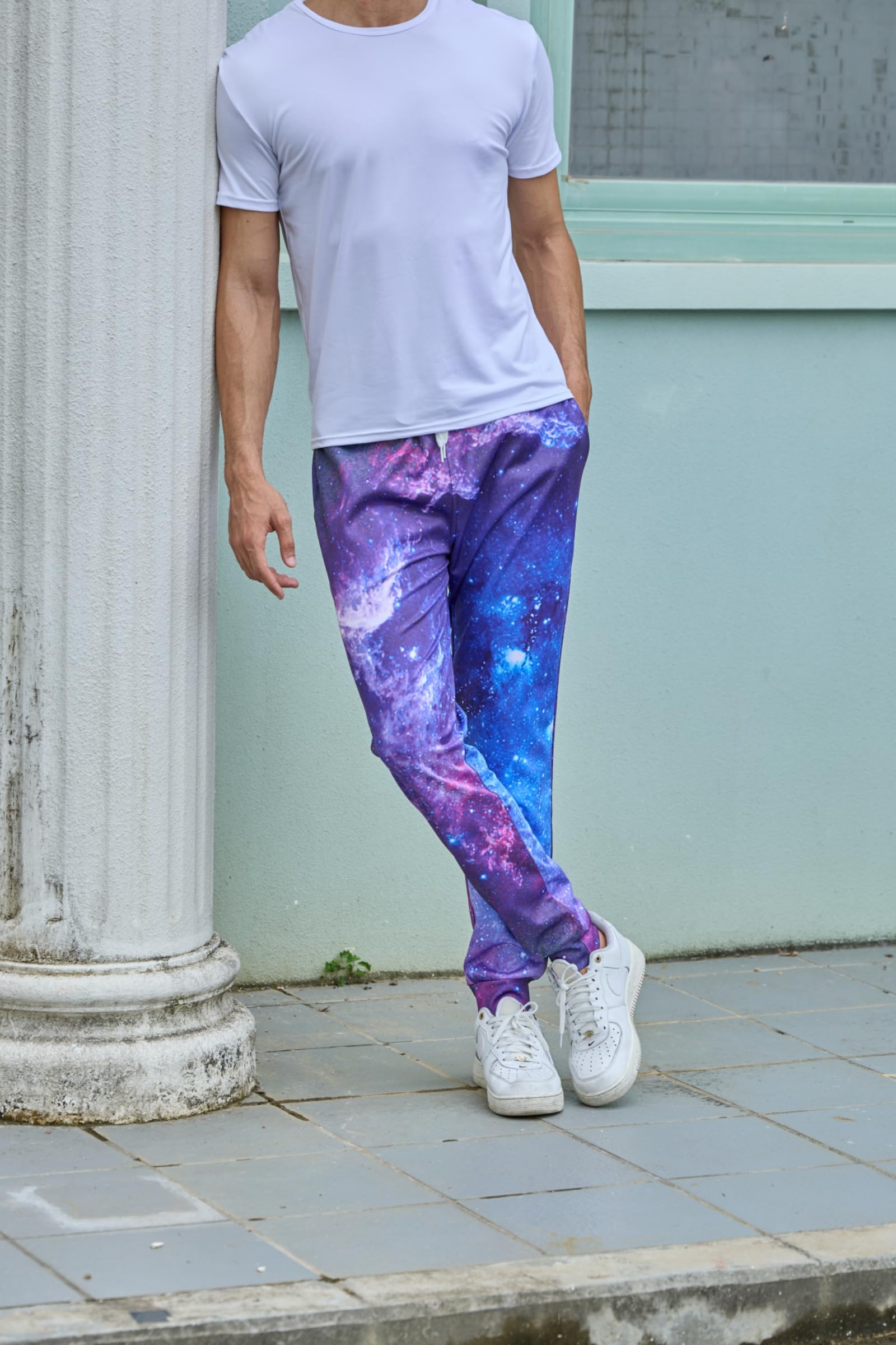 Belovecol Bright Galaxy Sweatpants for Men Novelty 3D Print Jogger Pants with Pocket Active Stretchy Sweat Pant Trousers L