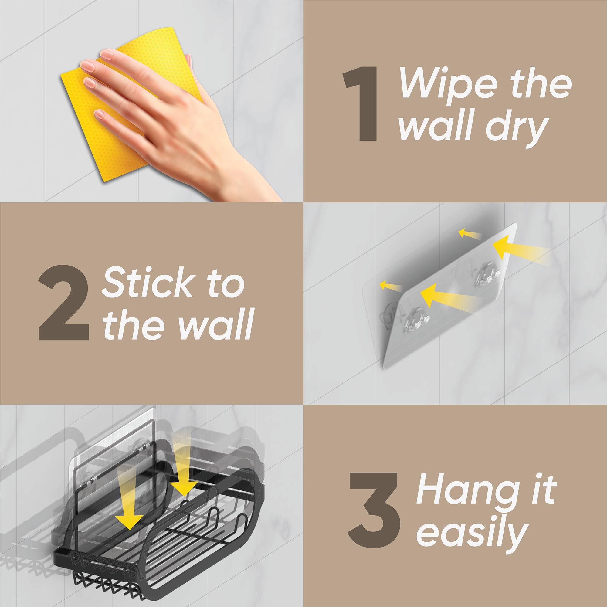 D&E Living Co. Modern Shower Shelf Adhesive Bathroom Shower Organizer Stainless Steel Shower Caddy Adhesive, Elegant Rust-Proof Shower Rack, No Drilling Shower Storage, Shower Wall Organizer- Silver