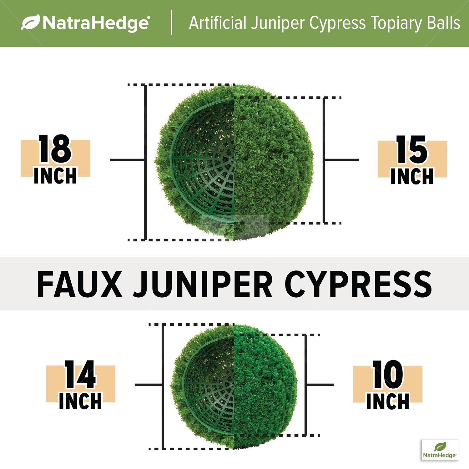 NatraHedge Artificial Topiary Ball Set - Faux Foliage Balls for Garden, Wedding, Home Décor, and Backyard (15" x 15", Juniper Cypress - 2 Pack)
