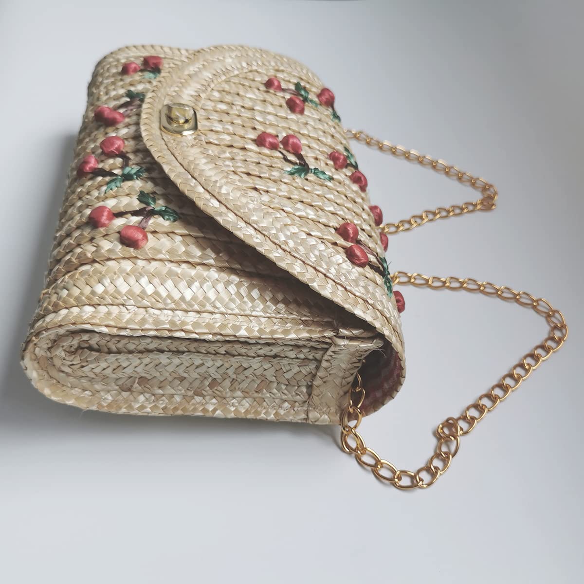 Beach summer soft straw clutch purse for women crossbody hand woven natural chic shoulder Bag (Cherry)