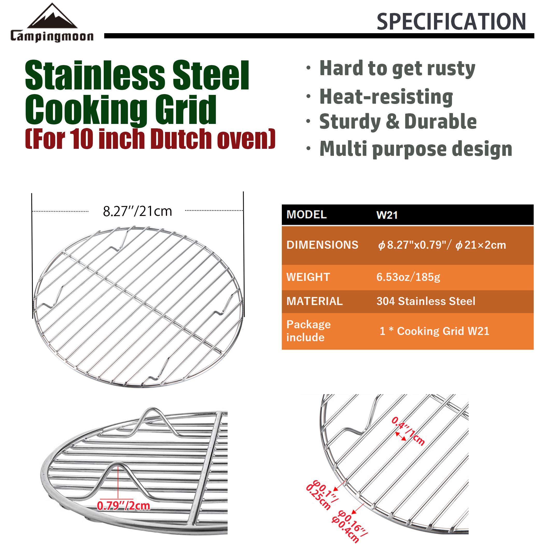 CAMPINGMOON φ8.27inch/φ21cm Round Stainless Steel Roasting Baking Steaming Cooling Rack Cooking Grid Grill Fits for 10-inch Dutch Oven W21