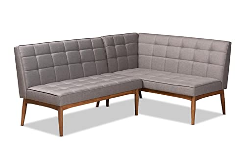 Baxton Studio Sanford Mid-Century Modern Grey Fabric Upholstered and Walnut Brown Finished Wood 2-Piece Dining Nook Banquette Set