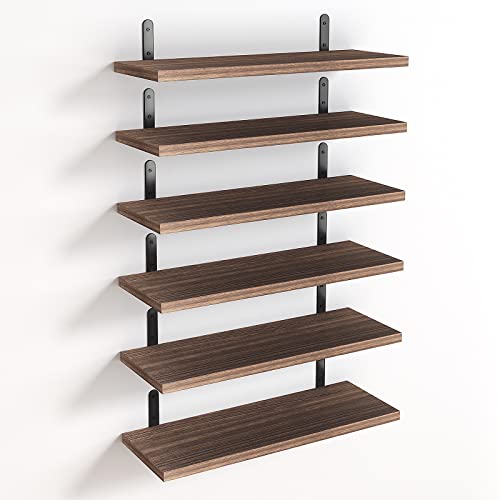 Fixwal Floating Shelves, Rustic Wood Wall Shelves Set of 6, Shelves for Wall Decor, Farmhouse Style for Bedroom, Living Room, Kitchen, Bathroom, Office and Plants (Dark Carbonized Black)