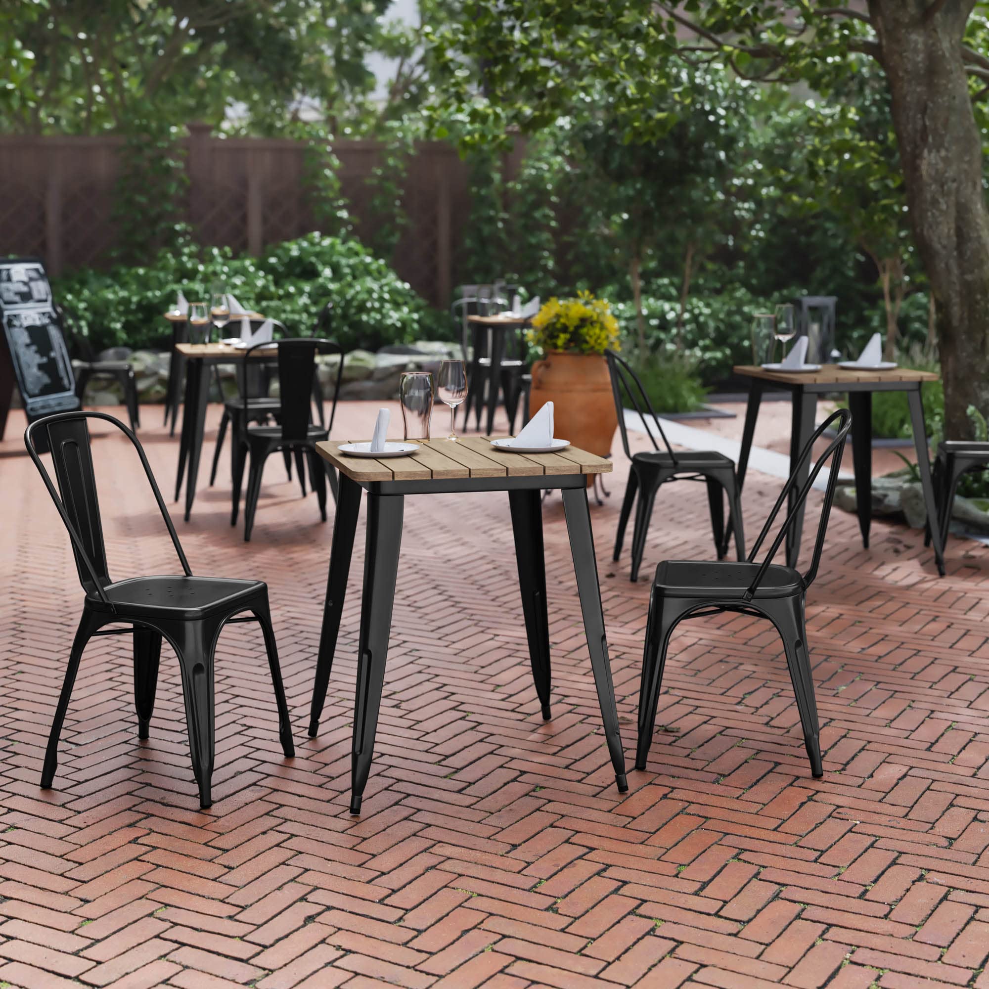 Flash Furniture Declan Commercial Outdoor Dining Table, All Weather Poly Resin Top with Steel Base, 23.75" Square, Brown/Black