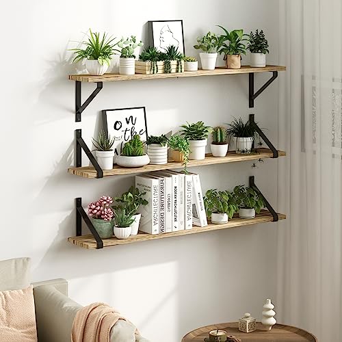 Fixwal Floating Shelves, 36 Inch Wall Bookshelf Set of 3, Large Floating Book Shelves for Wall Decor, Rustic Wood Wall Storage Shelves for Bedroom, Living Room, Kitchen, Bathroom (Carbonized Black)