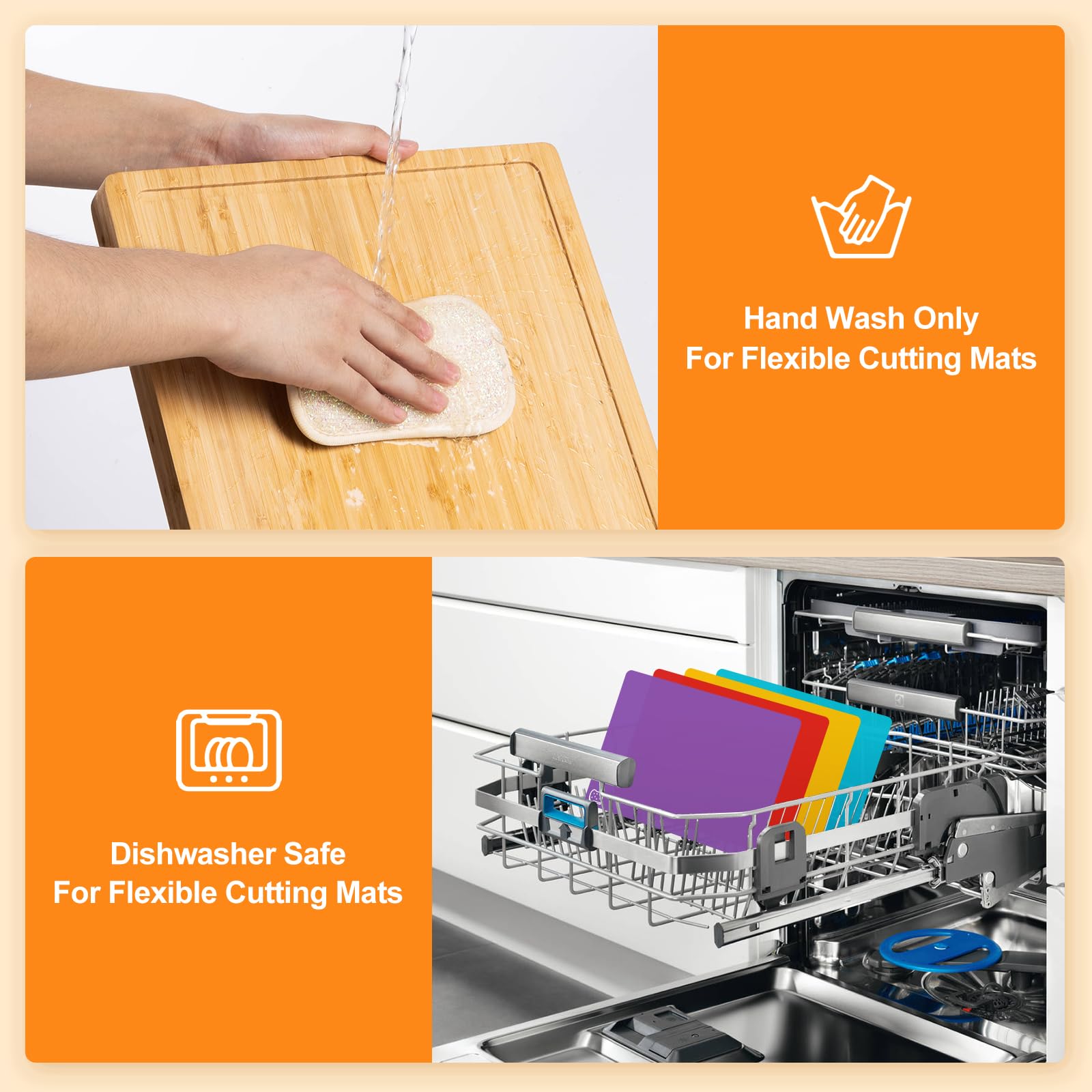 Bamboo Wood Cutting Board Set with 7 Flexible Cutting Mats with Food Icons, Easy to Clean Cutting Boards for Kitchen