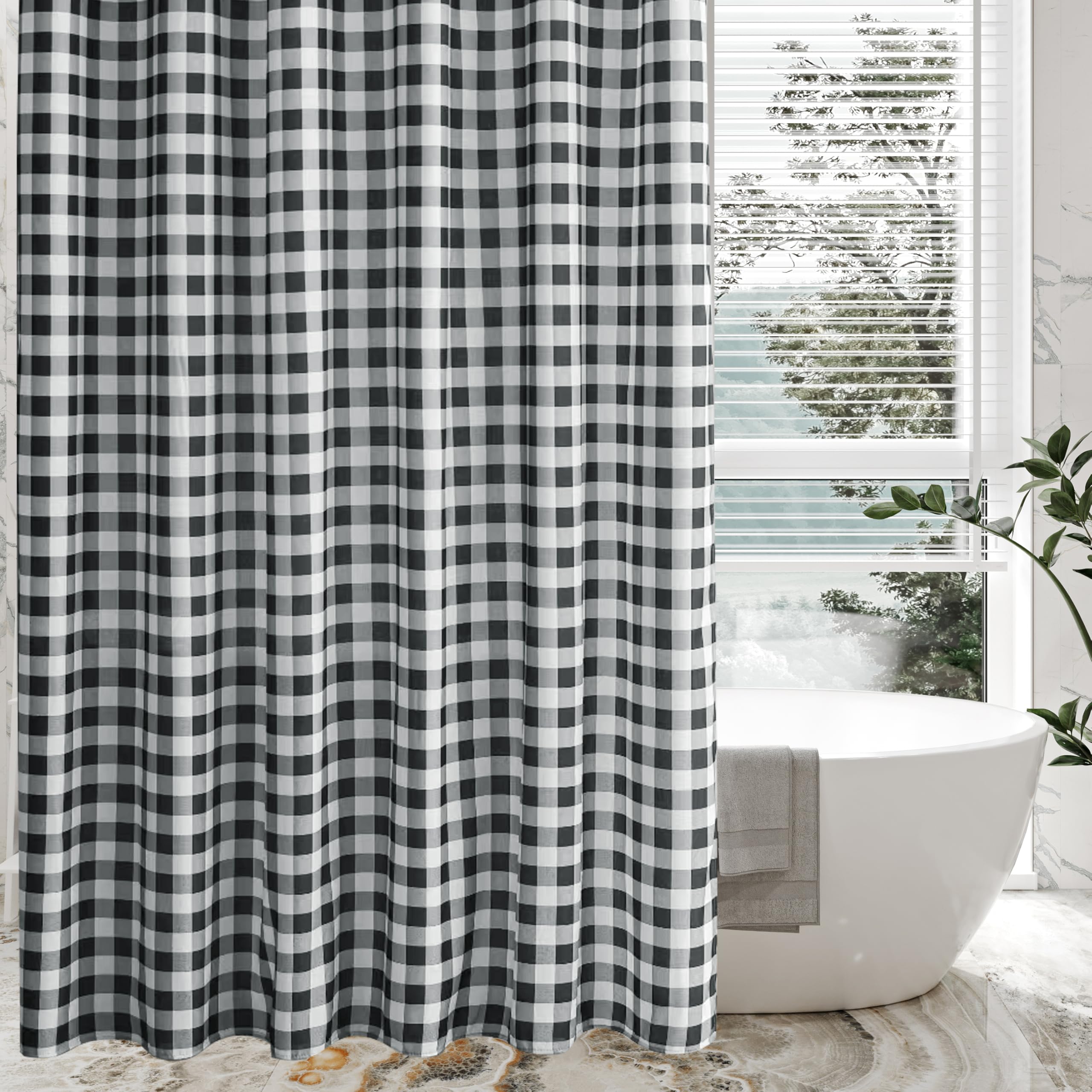 Biscaynebay Textured Fabric Shower Curtains 72" X 72", Black & White Printed Checkered Linen Modern Hotel Luxury Quality Cloth Bathroom Curtains Machine Washable