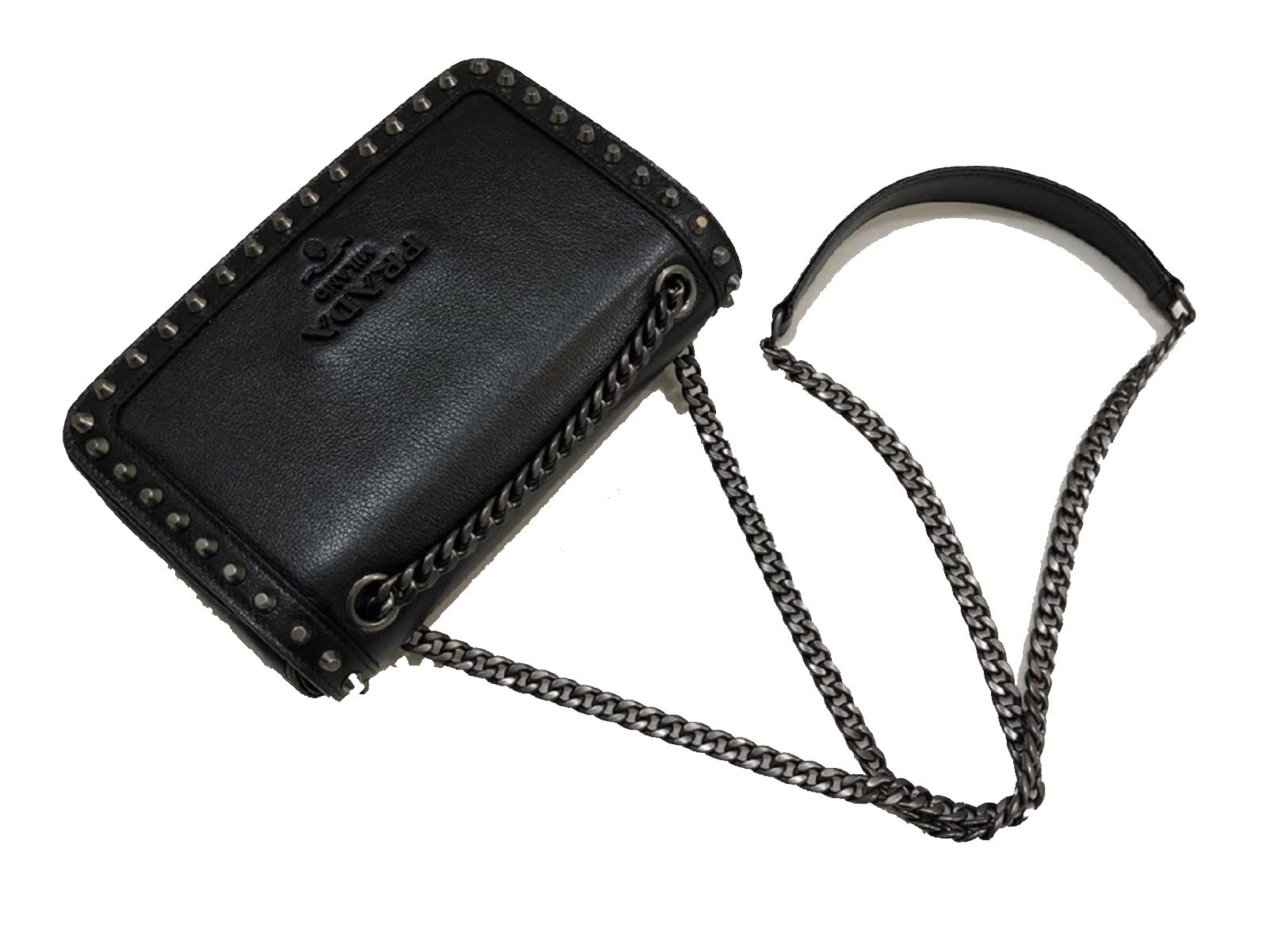 Prada Pattina Glace Calf Leather Nero Black Pattina Studded Handbag Small