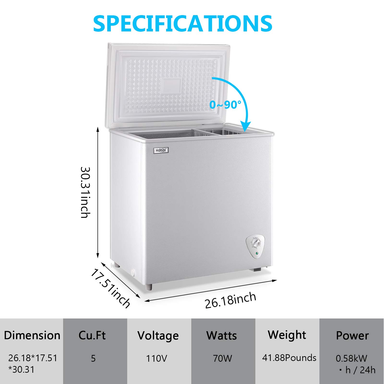 Chest Freezer 5.0 Cu.Ft Black Compact Freezer, Manual Defrost Deep Freezer with Storage Basket, Space-Saving Flat Back, Stay-Open Lid, Side-Access Drain for Home Basement Cottage Business