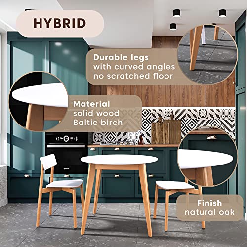 DAIVA CASA Orion Round Table for 3 Person - Birch Solid Wood Kitchen & Dining Room Furniture - Mid Century Modern Scandinavian Style β White Brown Table 35 inch