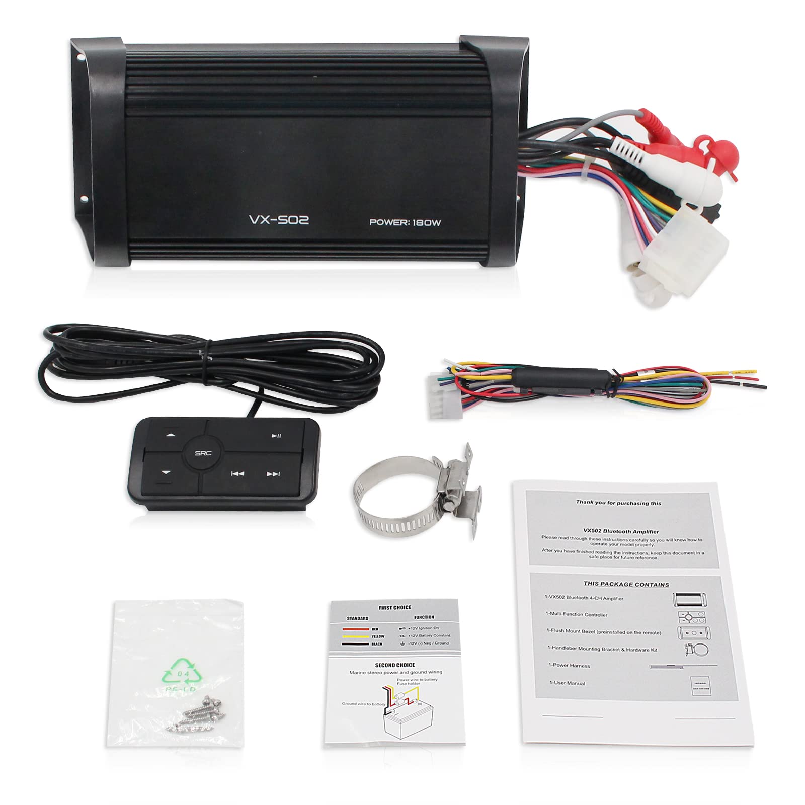 Bluetooth Amplifier 180 Watts 4-Channel And Remote Kit VX502B Black