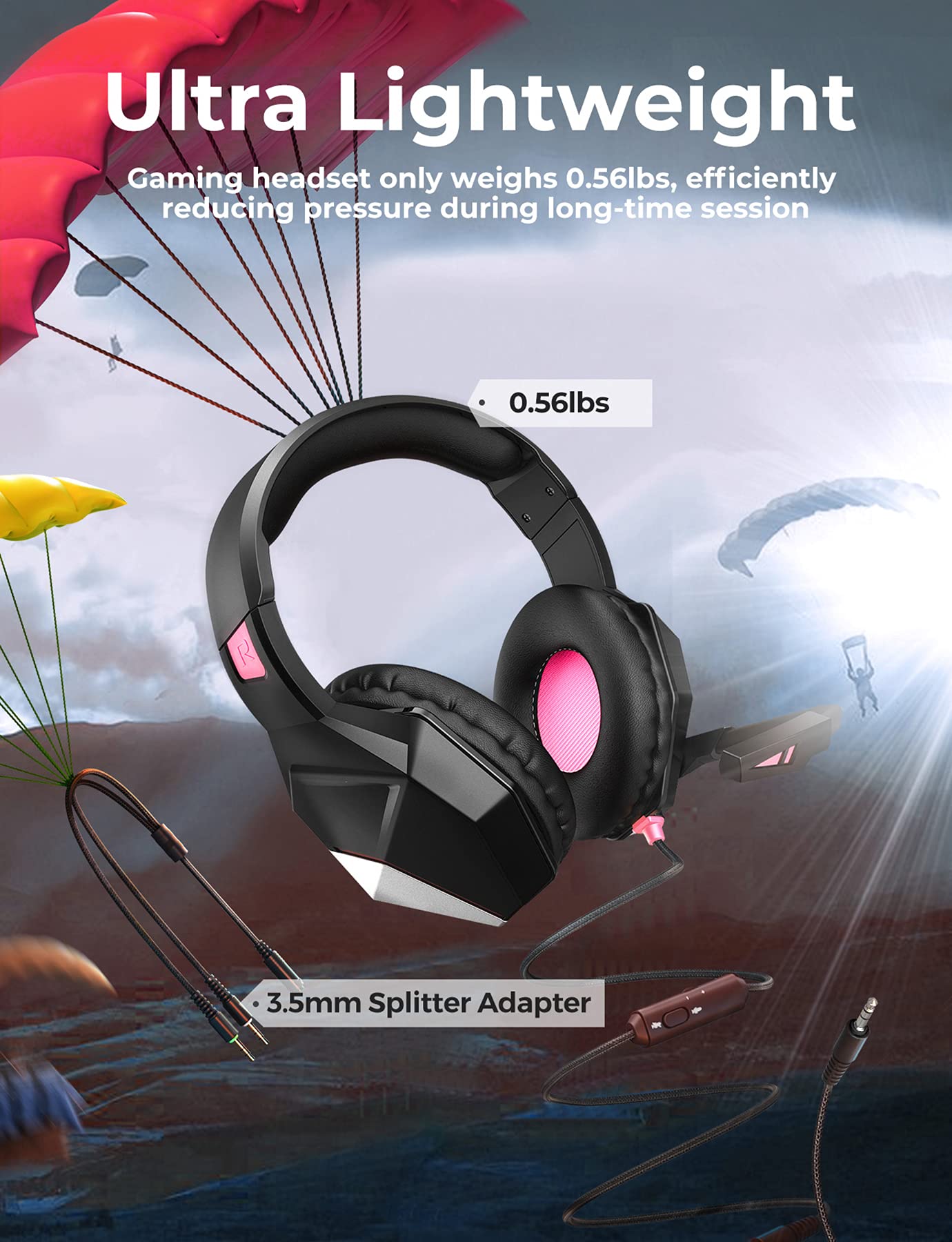 MW ACC CA Gaming Headset Pink for PS4, PS5, PC, Xbox One, Over Ear Headphones with Noise Cancelling Mic, PC Headset with Bass Surround Sound, LED Light, for Laptop Mac Switch, Girls, Kids
