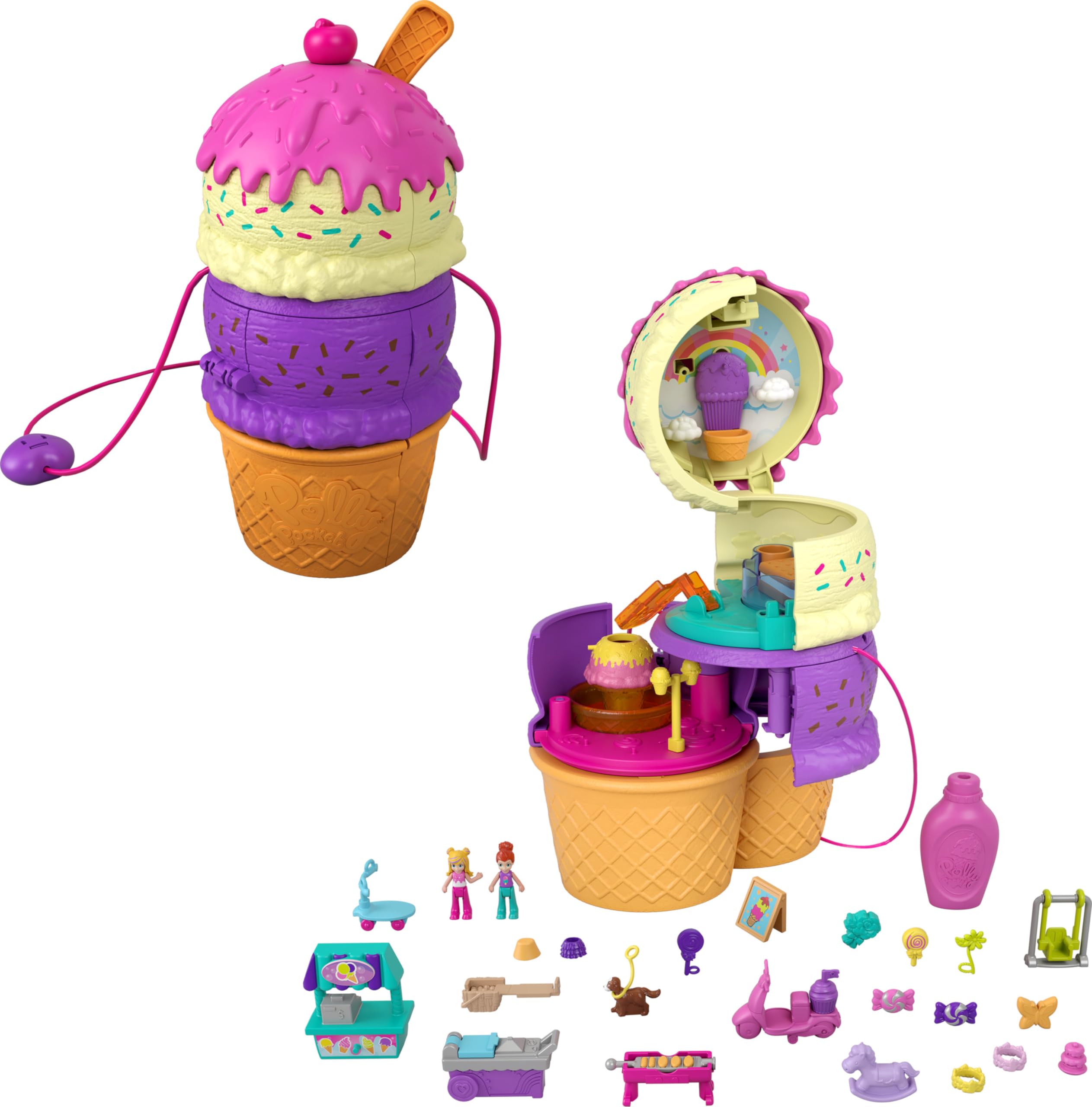 Polly Pocket Dolls and Accessories, Ice Cream Cone-Shaped Playground with 3 Floors and 2 Micro Dolls, Spin ‘n Surprise Compact