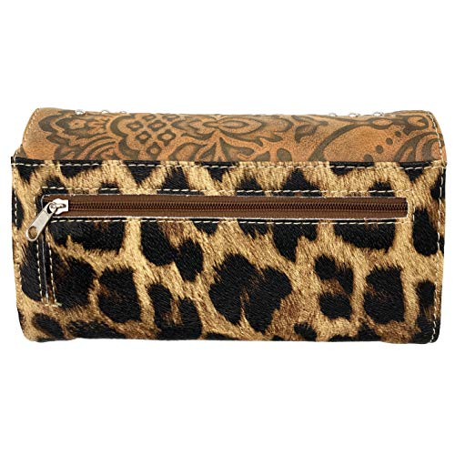Leopard Animal Print Concealed Carry Feather Concho Country Vintage Western Trifold Crossbody Wallet (Leopard Gold)