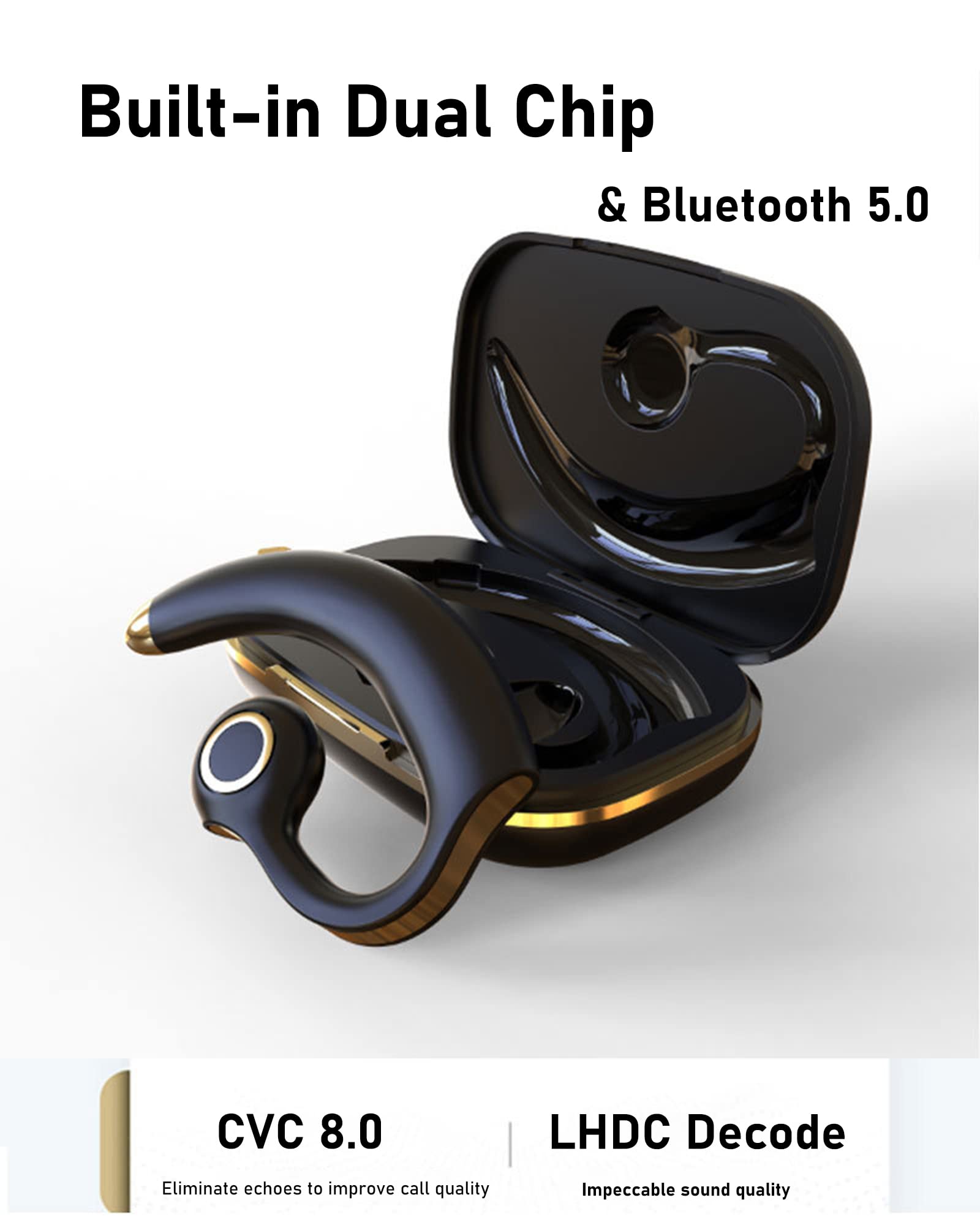 bluetooth earpiece open ear headphones clip headphones with microphones phone bluetooth earpiece for cell phone handfree bluetooth phone earpiece for iPhone & Andriod with 12-Hrs usage (Silver)