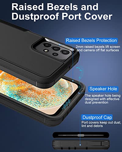 Dahkoiz Samsung Galaxy A23 5G/4G Phone Case, with Glass Screen Protector, Dust-Proof Port Cover, Magnetic Car Mount Support, Full Body Silicone Rubber Protection, Black/Black