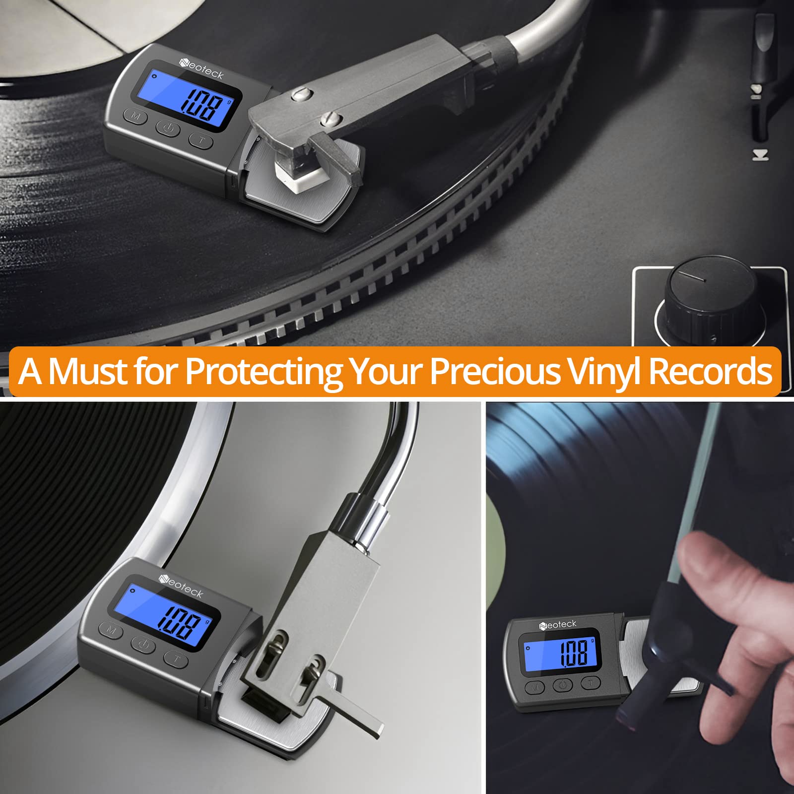 Neoteck Digital Turntable Stylus Force Scale Gauge + Vinyl Record Cleaner 0.01g/5.00g Blue LCD Backlight for Tonearm Phono Cartridge